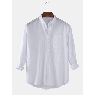 NP Men's Chinese Collar Cotton Long Sleeve Polo Full Button Plain Men's ...