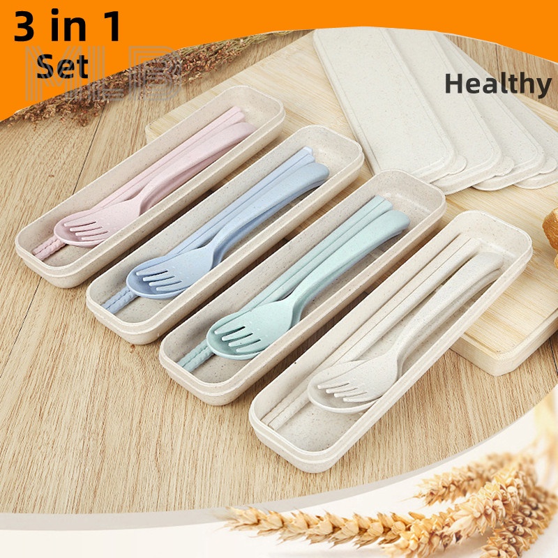 3pcs/set Travel Cutlery Portable Cutlery Box Japan Style Wheat Straw ...