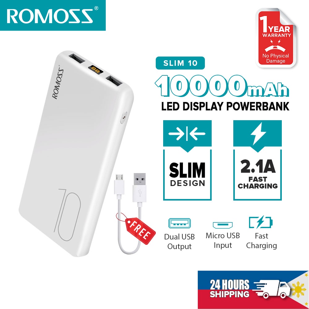 Romoss Slim 10 10000mAh Light & Handheld Micro and type c Input, 2 ...