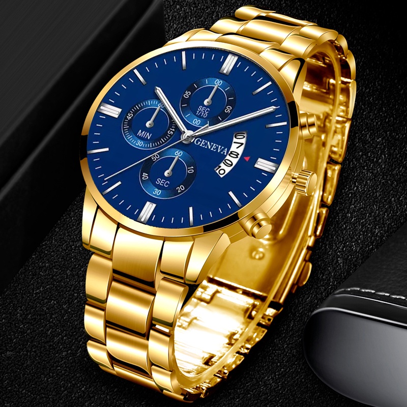 GENEVA Luxury Gold Mens Stainless Steel Three Eyes Automatic Quartz ...