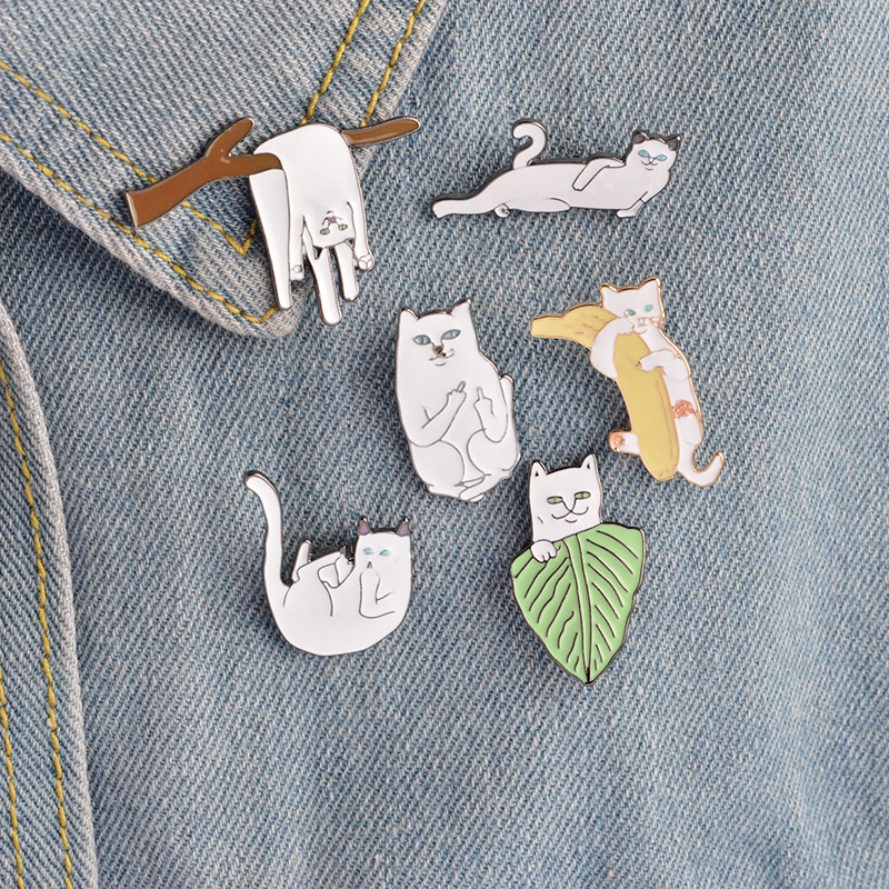 Funny Cartoon Cat Enamel Pin Weird Posture Middle Finger Cat Brooch ...