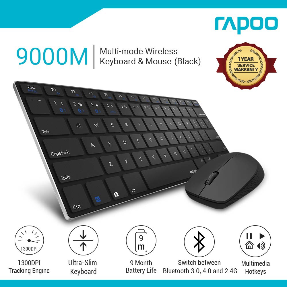 Rapoo 9000M Multi Mode Wireless Mouse And Ultra Slim Keyboard 1300 DPI ...