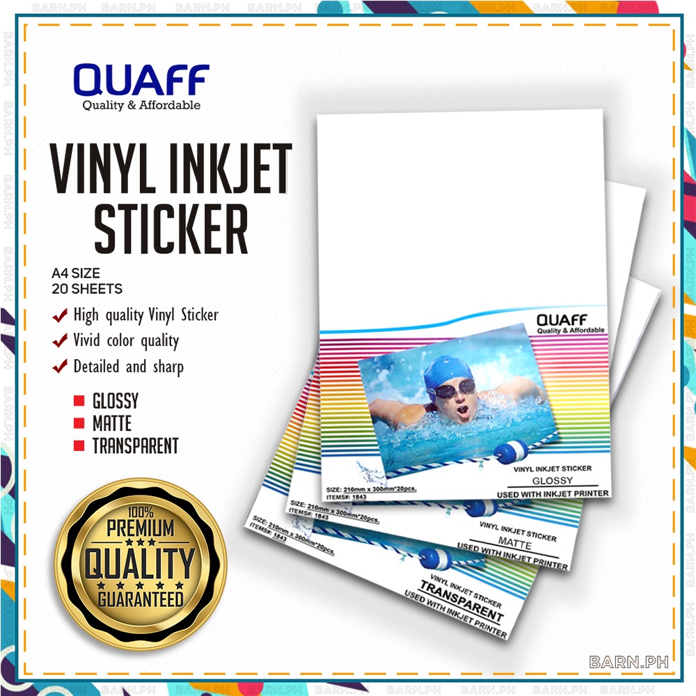 QUAFF Printable Vinyl Inkjet Sticker A4 Size Matte / Glossy / Transparent (20 sheets / pack ...