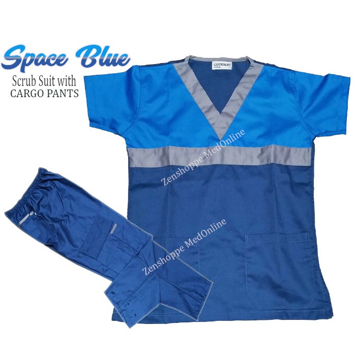 Tri-Color V-Neck Scrub Suit Set with Cargo Pants (Space Blue) [LCC ...