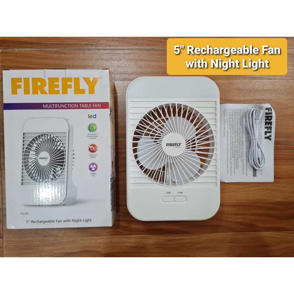 Rechargeable Fan with Night Lamp 5" Firefly Portable Light with ...