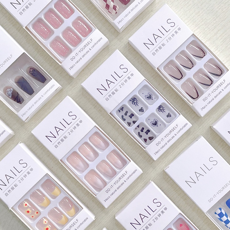 [Box / COD ]24pcs Fake Nails Set With Jelly Glue French Long Short ...