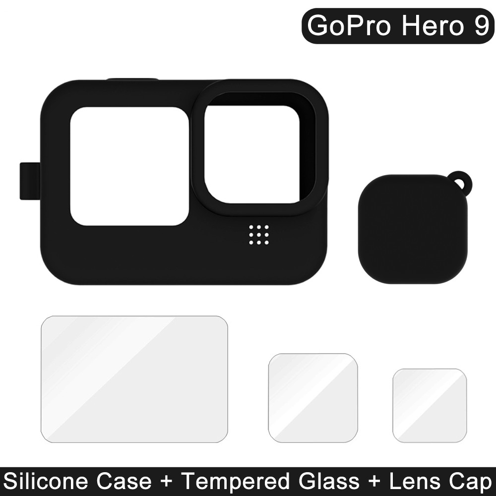 Go Pro 9 Silicone Case Tempered Glass Screen Protective Film Lens Cap Cover Protector For Gopro ...