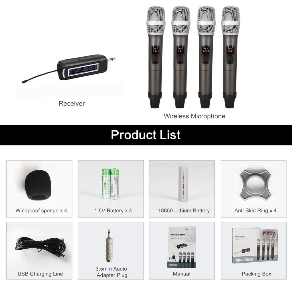 UHF Dynamic Wireless Microphone Rechargeable Receiver Handheld Metal ...