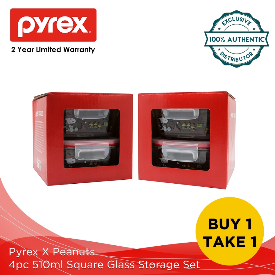 Pyrex 1+1 4pc 510ml Square Glass Storage Set Snoopy | Shopee Philippines