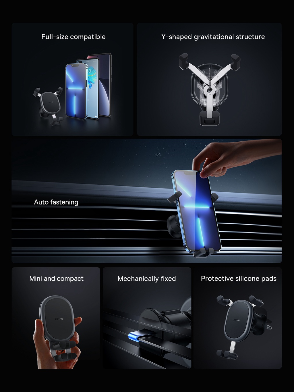 Baseus Car Phone Holder Metal Silicone Gravity Auto Air Vent Smartphone ...