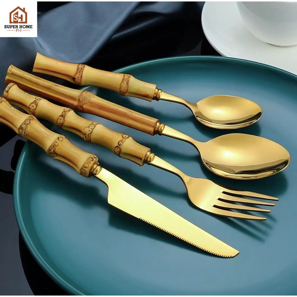 Natural Bamboo Cutlery Stainless Steel Spoon Fork Knife Dessert Silver ...