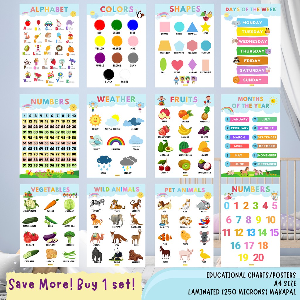 12 or 18 PCS. EDUCATIONAL CHARTS A4 SIZE POSTERS/BUNDLE/LAMINATED 250 ...