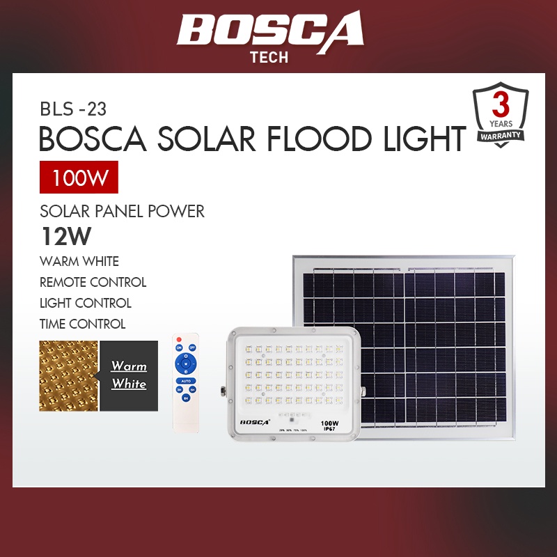 BOSCA LED Solar Flood Light IP67 BLS-23 100W Warm white Remote control ...