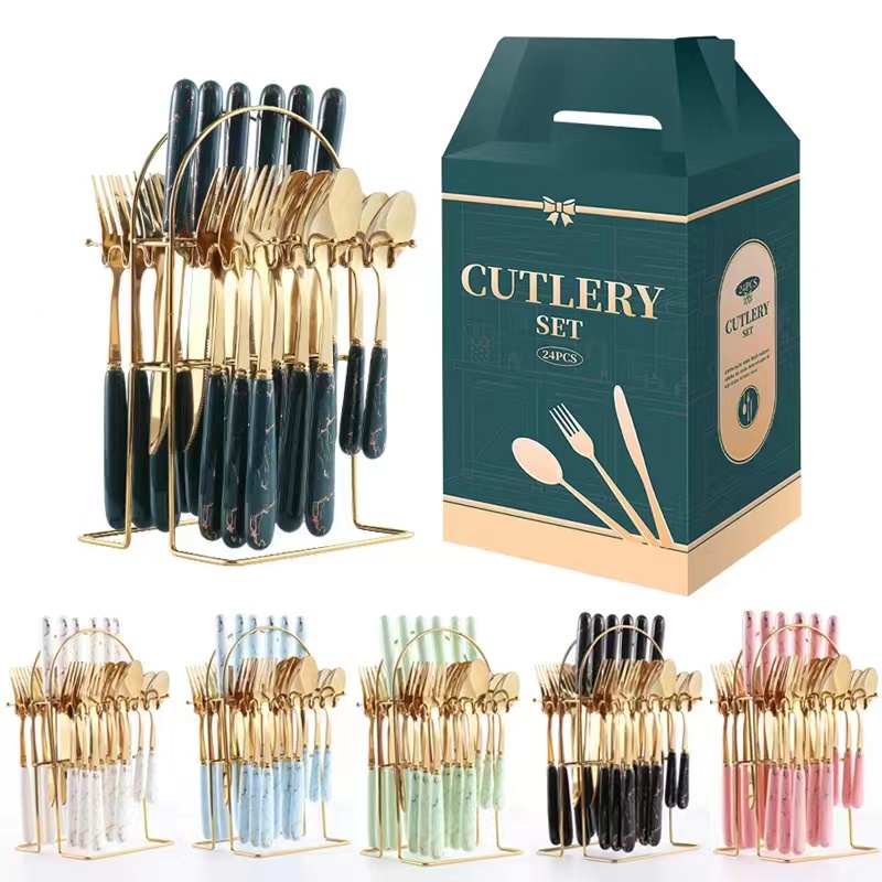 24in1 Marble Cutlery Set Stainless Steel W/ Spoon Teaspoon Fork ...