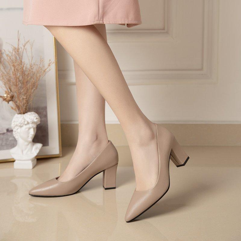 Work Simple Medium Heel Shoes Pointed Toe Thick Heel Pumps Women's ...