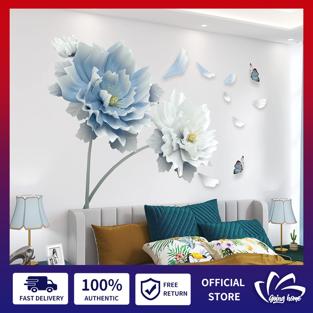 3D Wall Stickers Floral Peel and Stick Wall Decals Blue White Flowers ...