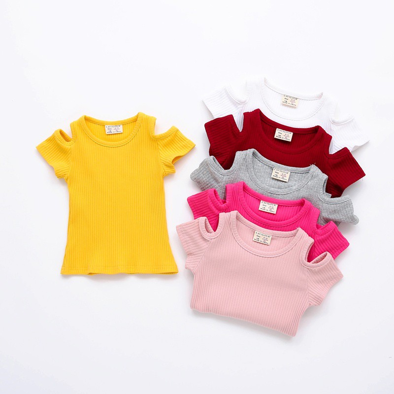Baby Girls Candy Color Off-shoulder Short Sleeved T-shirt | Shopee ...