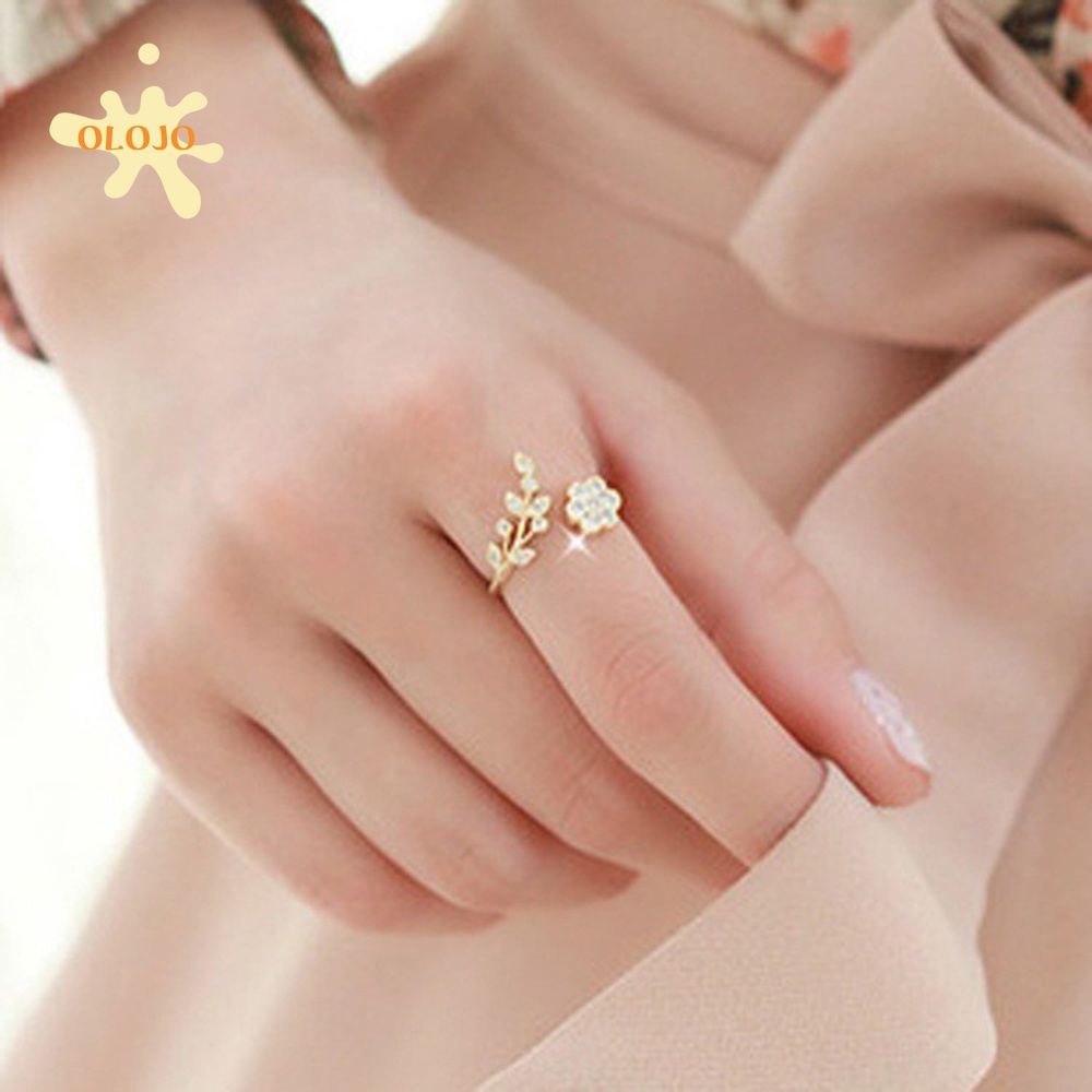 Women Fashion Diamonds Adjustable Rings Flower Leaves Finger Rings OLO ...