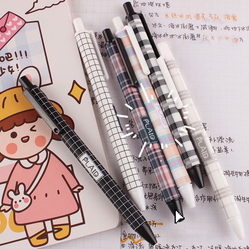 6 Pcs 0.5mm Retro Plaid Retractable Gel Pen Black Ink Bullet Nib ...