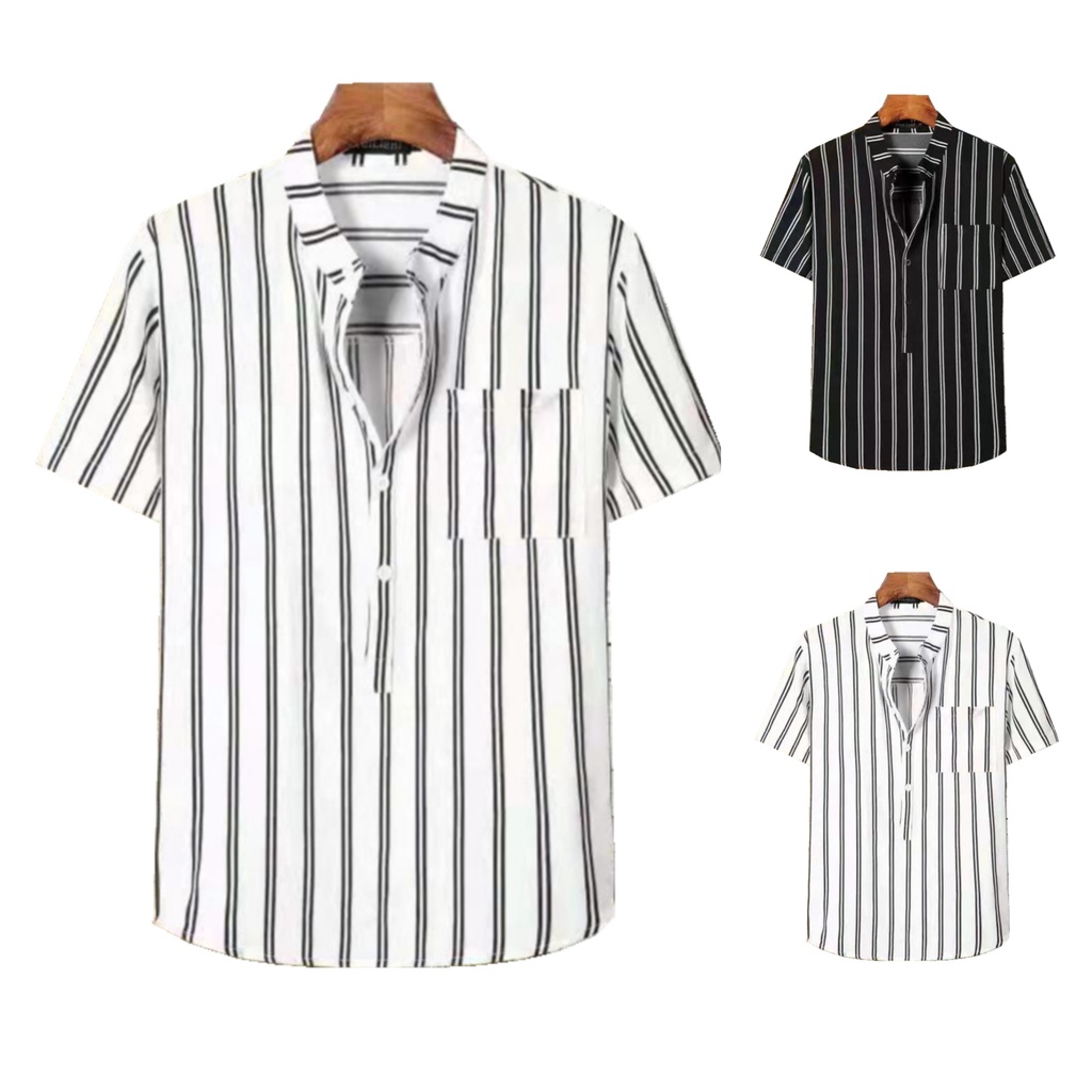 Premium Chinese Collar Casual Polo for Men Stripes Cotton Short Sleeve ...