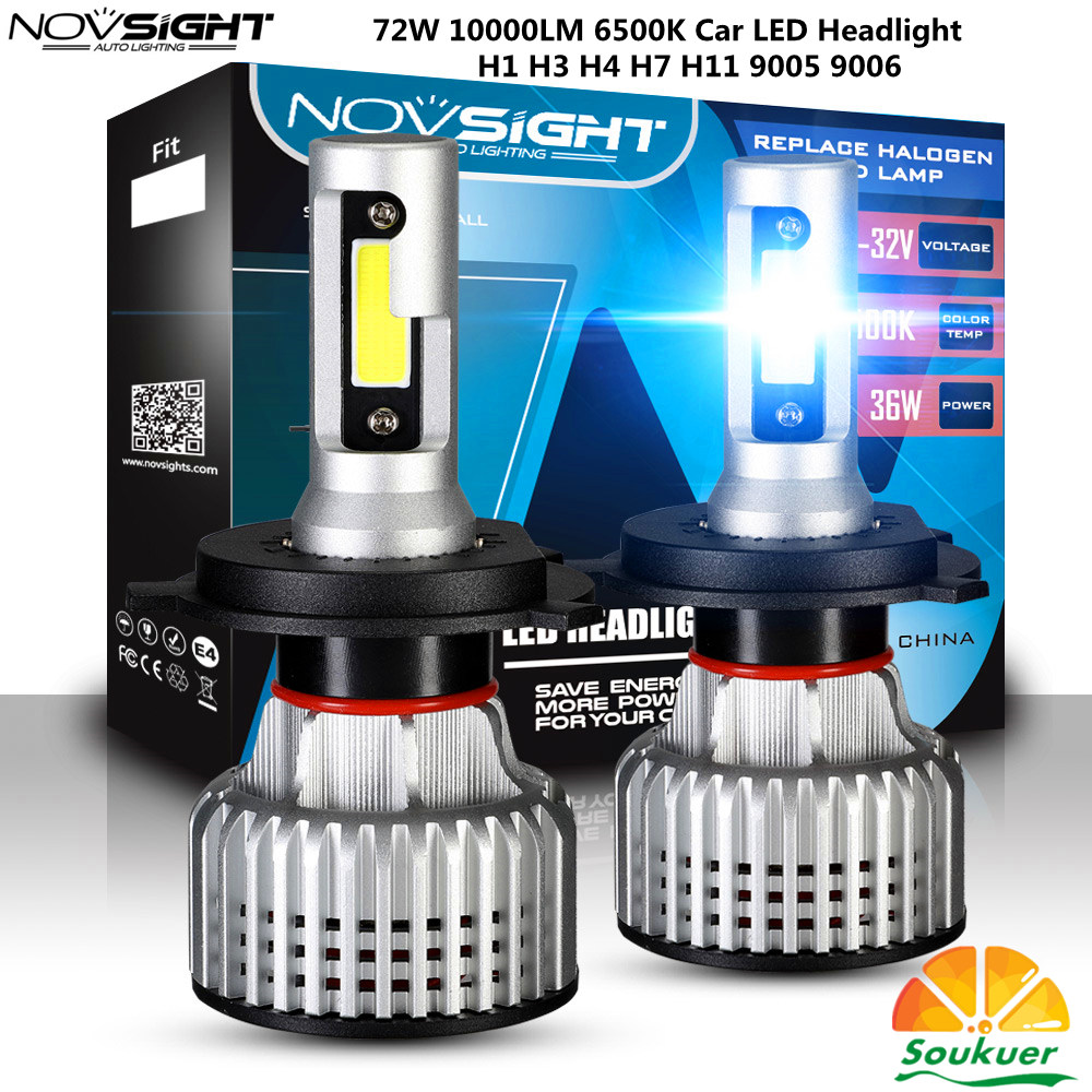 Novsight N12 72W/Pair 10000LM 6500K H11 H7 H4 H1 H3 Car LED Headlight Bulbs 9005 9006 9007 H13 ...