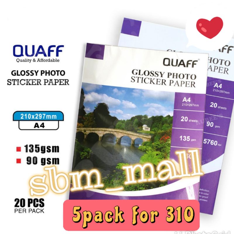 QUAFF GLOSSY PHOTO STICKER PAPER 5pack..every order 20sheets.per pack ...