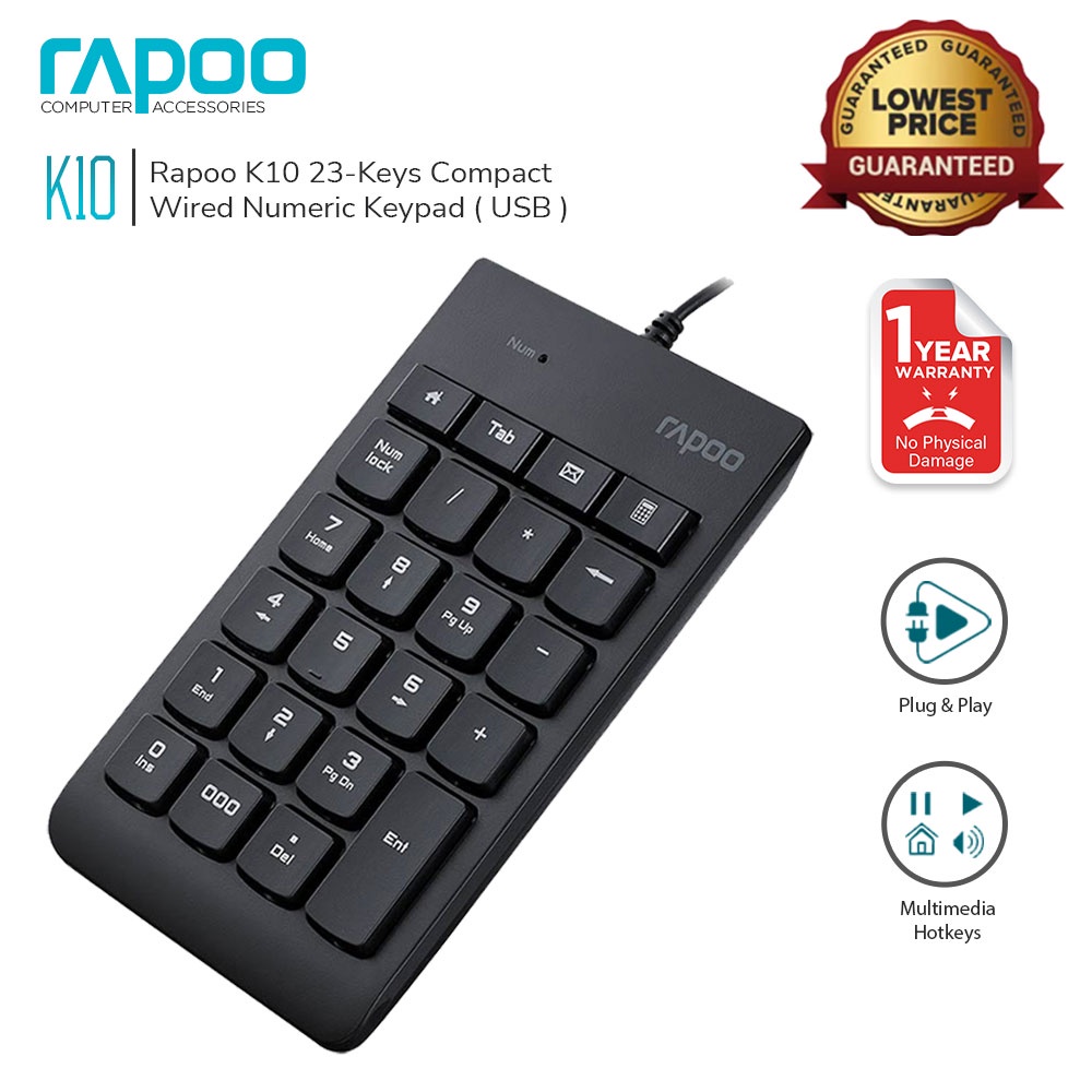 Rapoo K10 Mini Numeric Keyboard Wired 23 Keys Number Keypad Laser
