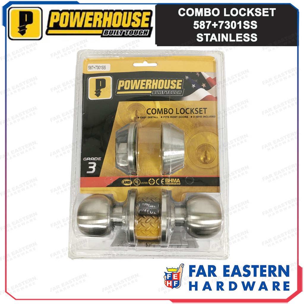 POWERHOUSE COMBO Entrance Doorknob + Single Deadbolt Stainless 587 ...