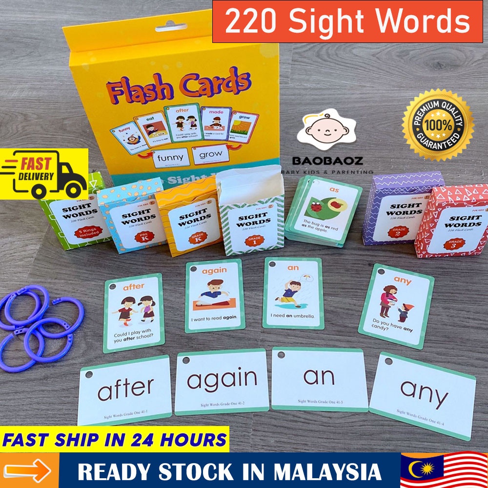 220 Sight Words Reading Flash Cards with Pictures, Motions & Sentences ...