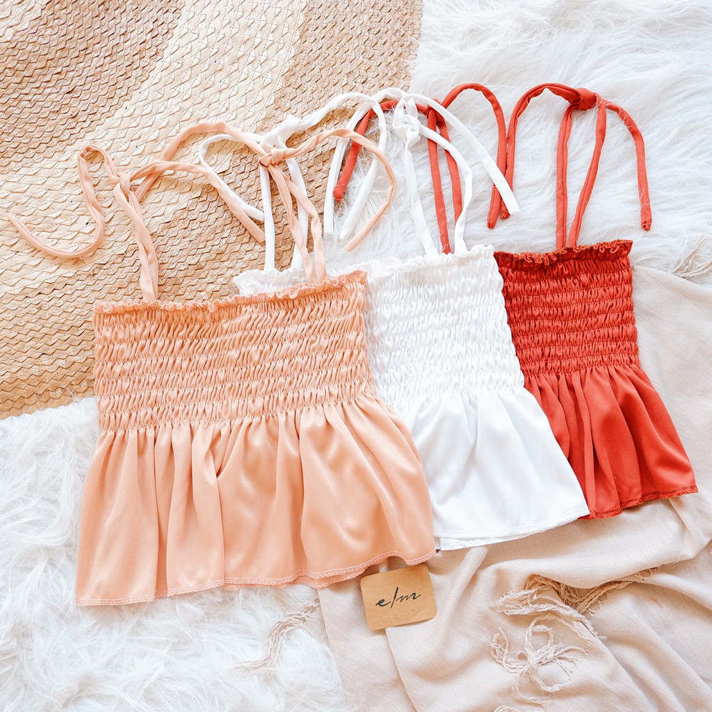 ESSENTIELMANILA Self-tie Flowy Tube Smocked Top | Shopee Philippines