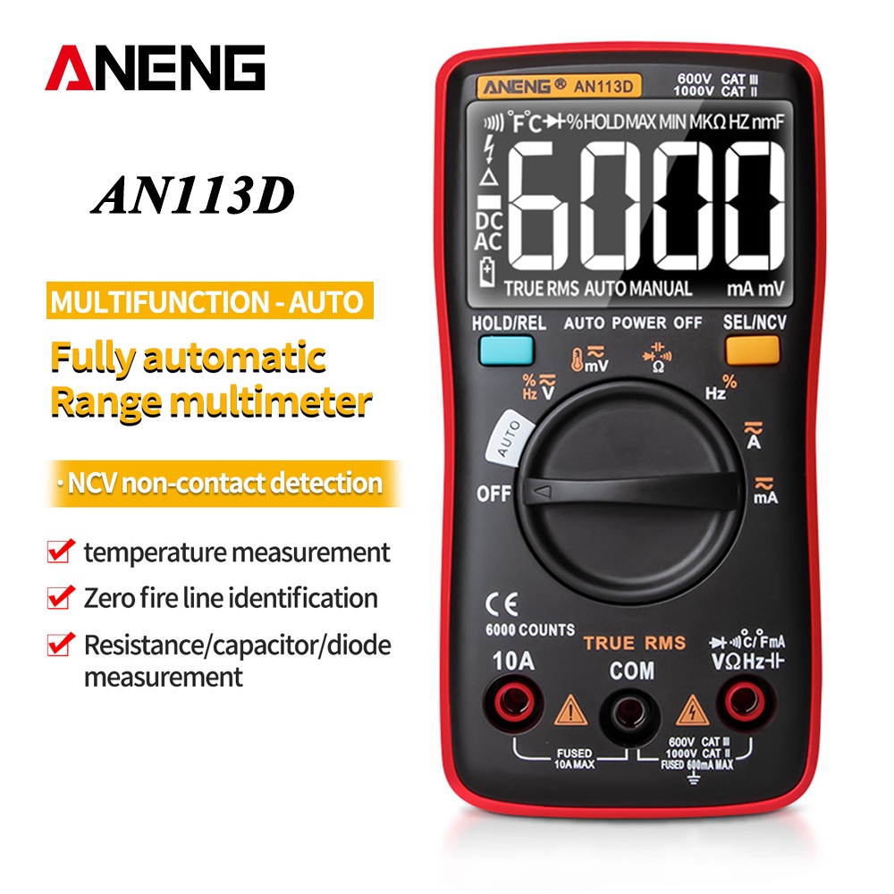 ANENG AN113D Digital Multimeter 6000 counts electrical meter transistor ...