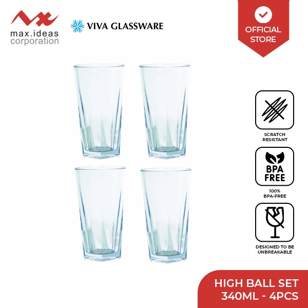Viva Glassware 4pc 11oz / 340ml High Ball Plastic Glassware - Shatter ...