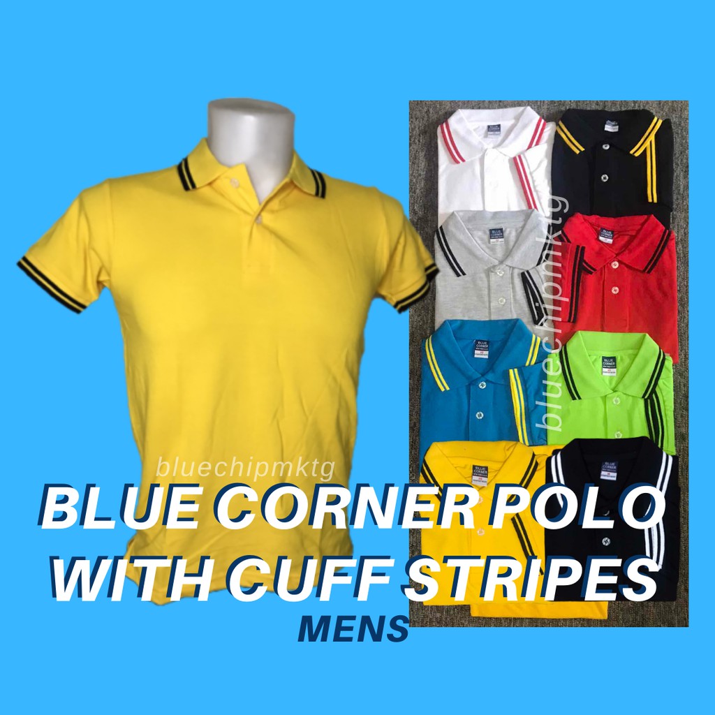 Men's Cotton Blue Corner Polo Shirt w/ Cuff Stripes (Style1) (White ...