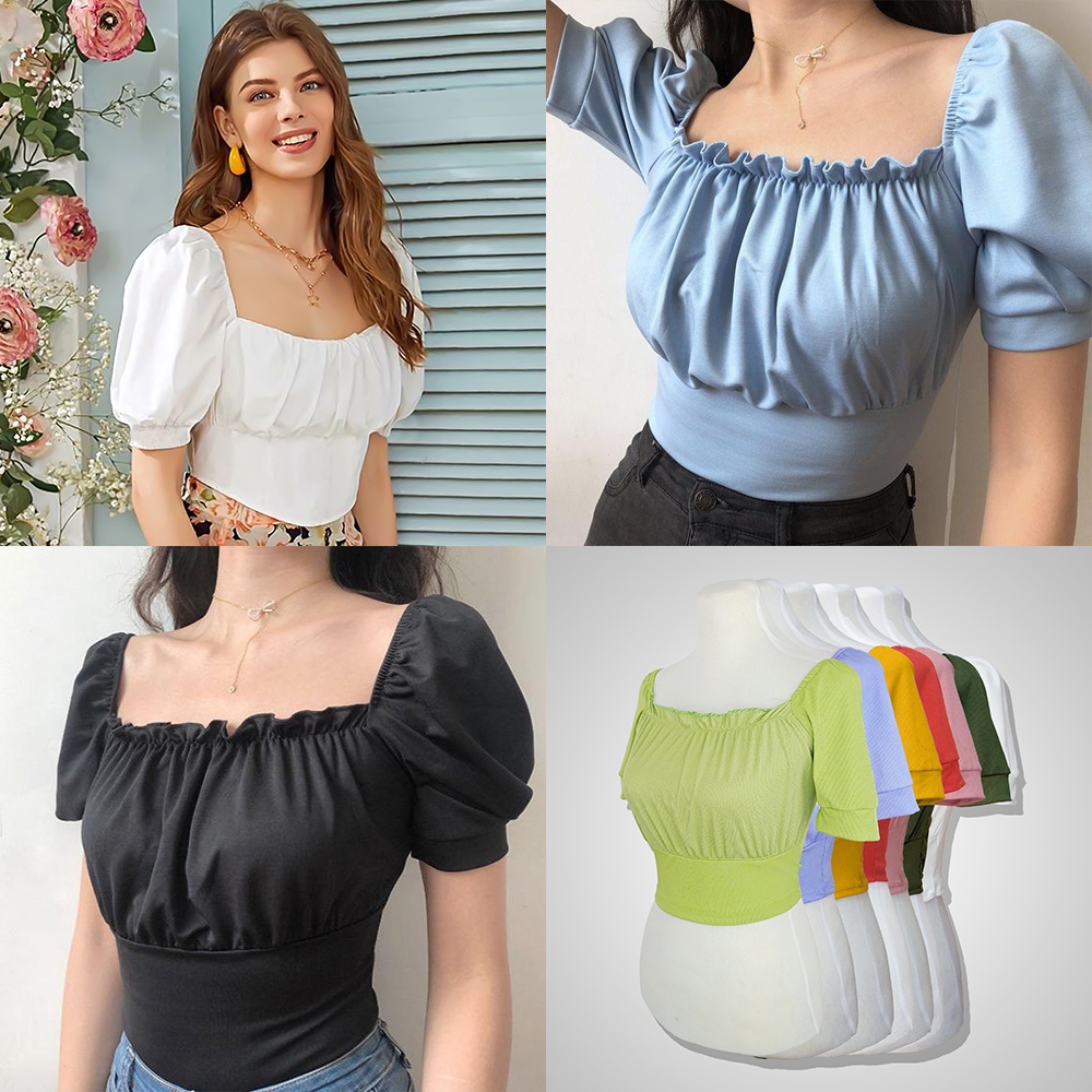 BM NEL Ruched Bust Puff Sleeve Off Shoulder Crop Top Square Neck Blouse ...