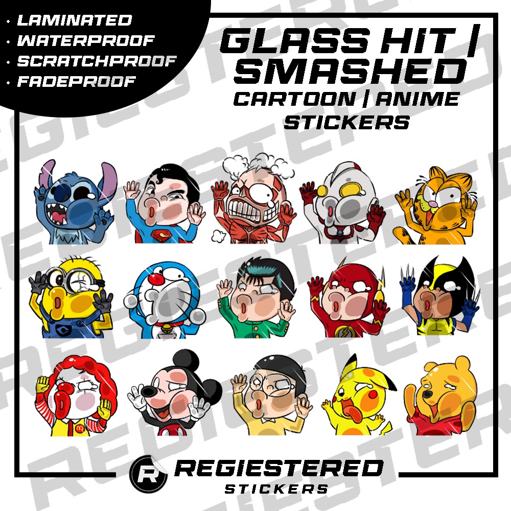 PT. 2 Glass Hit Smashed Cartoon Anime Sticker Pikachu Mickey Mcdo Pooh ...