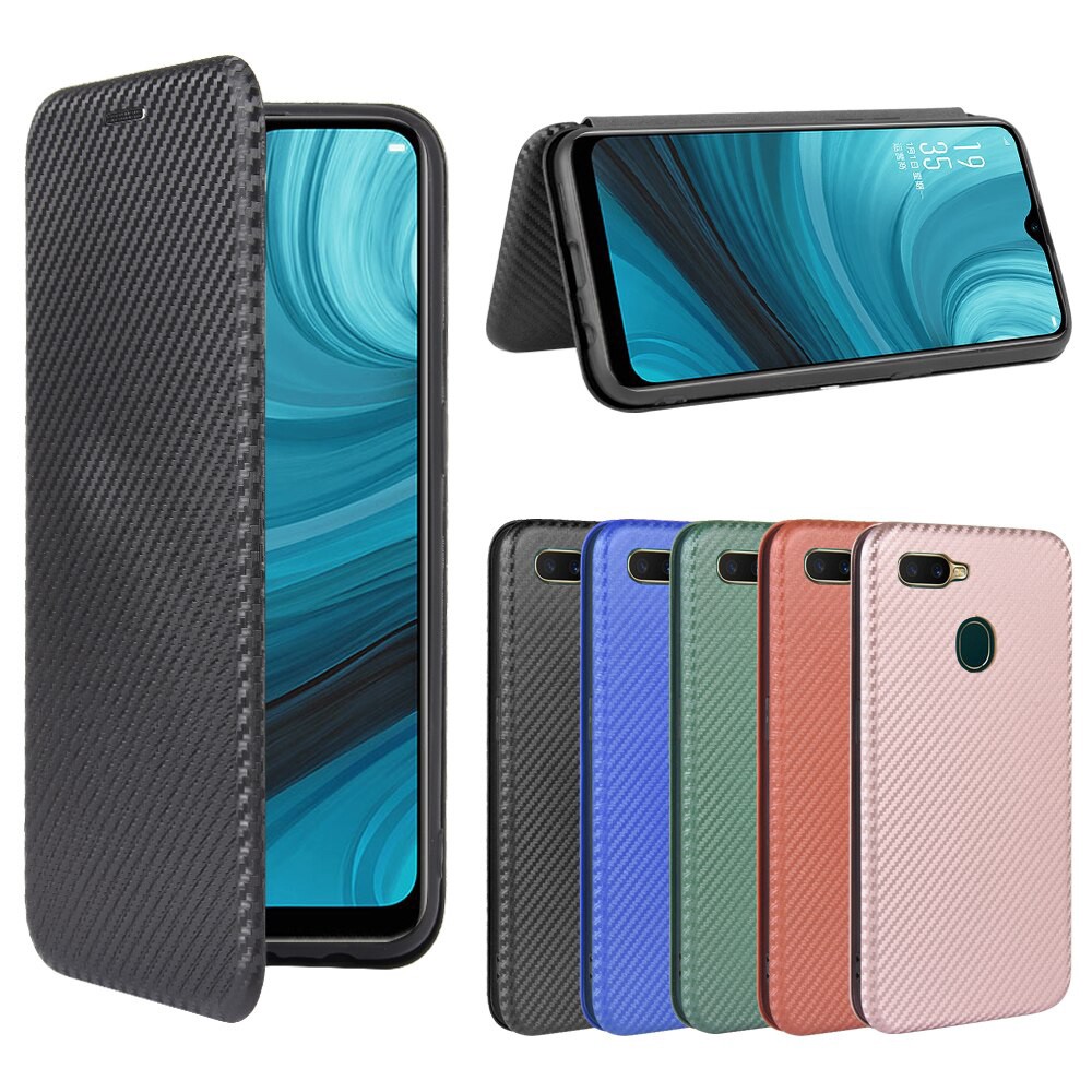 Case For OPPO A12E A12 A7 A5S A5 A3S Carbon Fiber Flip Wallet Phone ...