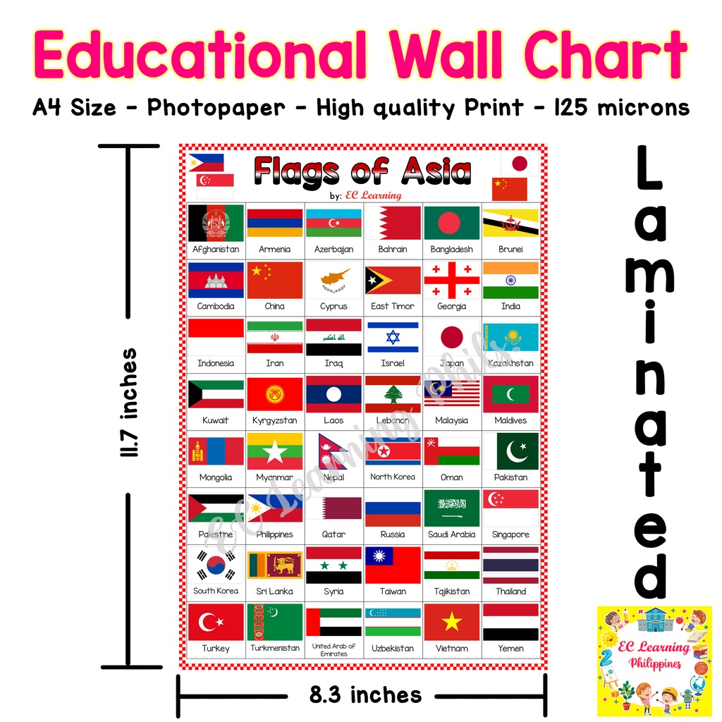 A4 FLAGS OF ASIA Laminated Wall chart for Kids presyo ₱19