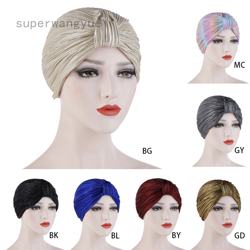 WY Women Metallic Pleated Turban Shiny Hijab Head Wrap Beanie Hat ...