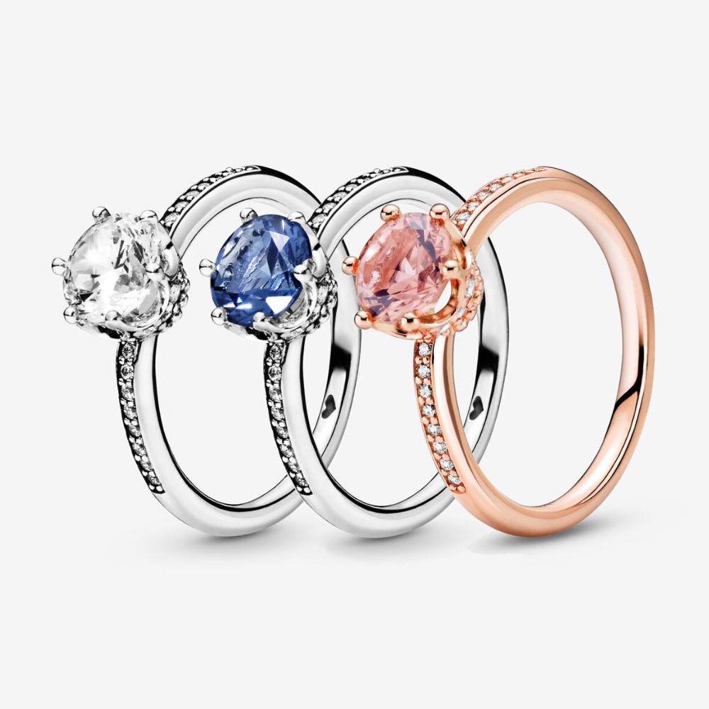 PAN Rose gold Blue Sparkling Crown Ring 925 silver diamond women ...