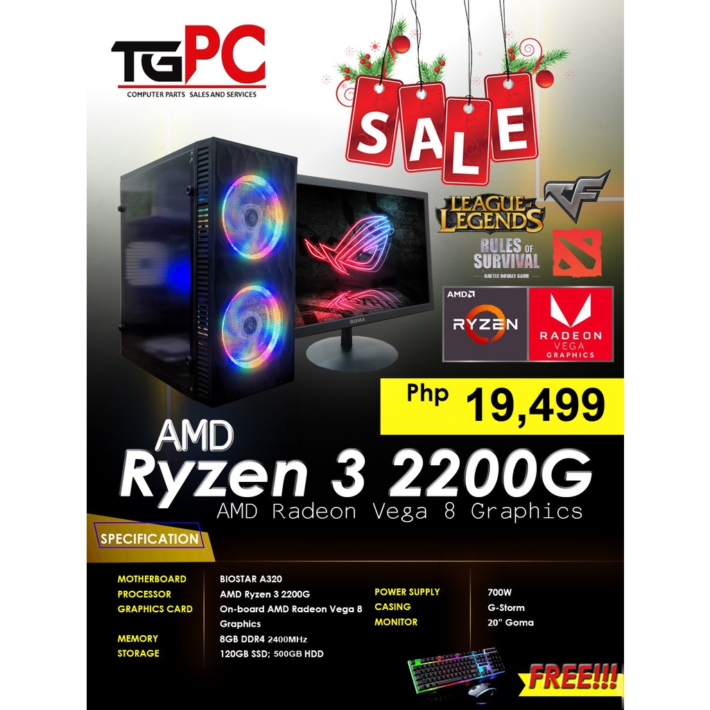 Gaming Desktop Ryzen 3 2200G 8gb ram ddr4 20 inches led monitor ...