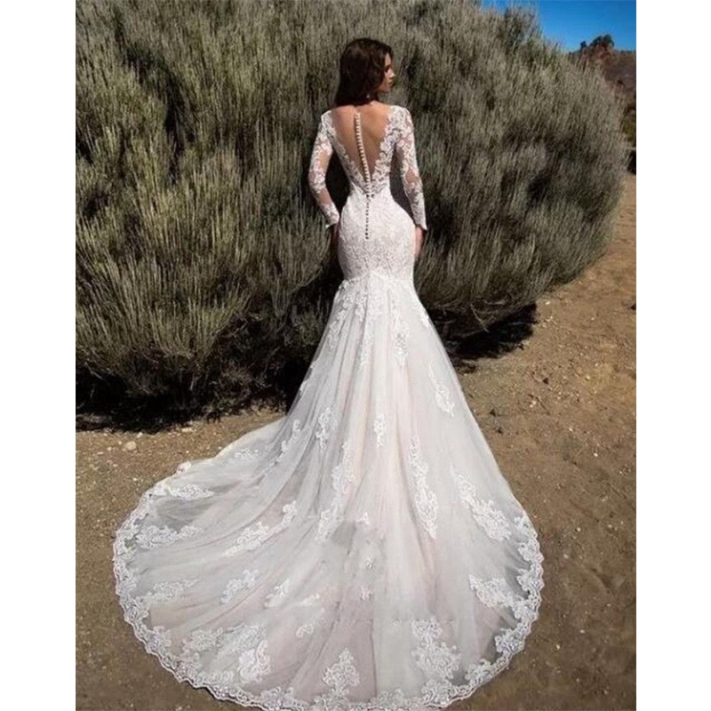 Sexy Sweetheart Full Sleeve Sheer Back Lace Applique Mermaid Wedding