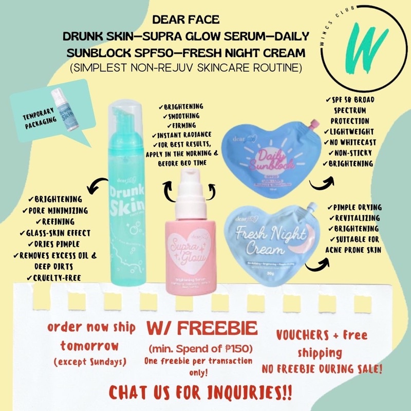 DEAR FACE DRUNK SKIN and SUPRA GLOW BRIGHTENING SERUM, DAILY SUNBLOCK ...