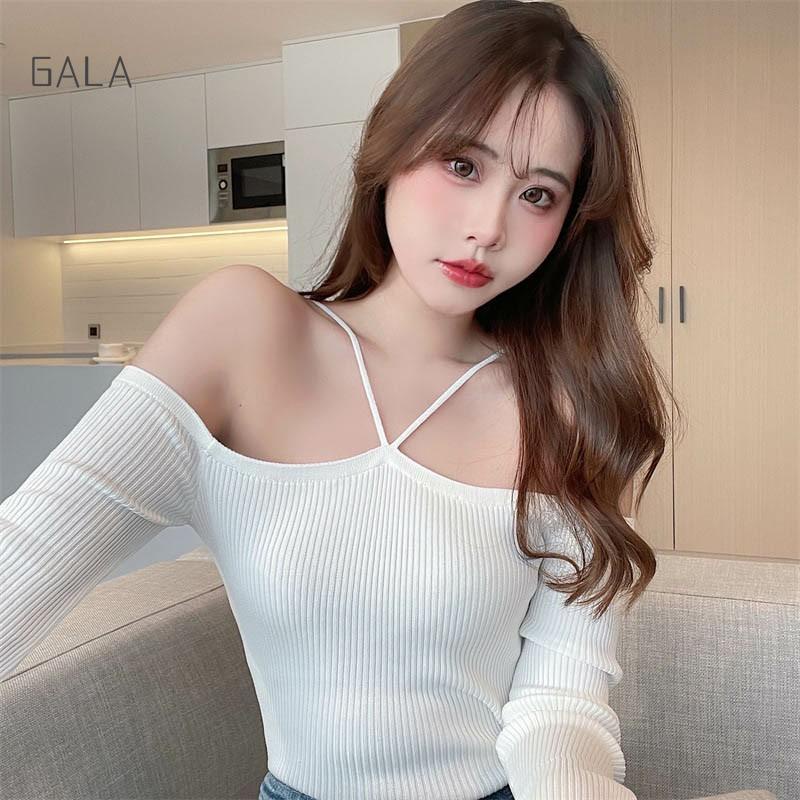 Thin Strap Sexy Sweater Bottoming Cropped Off Shoulder Halter Knit Top gala | Shopee Philippines