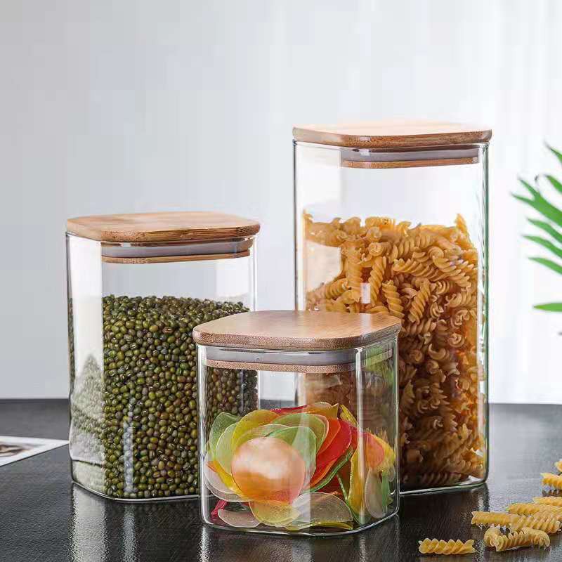 Glass Jars, Square Glass Jars With Wooden Lids For Dry Grains Too Many ...