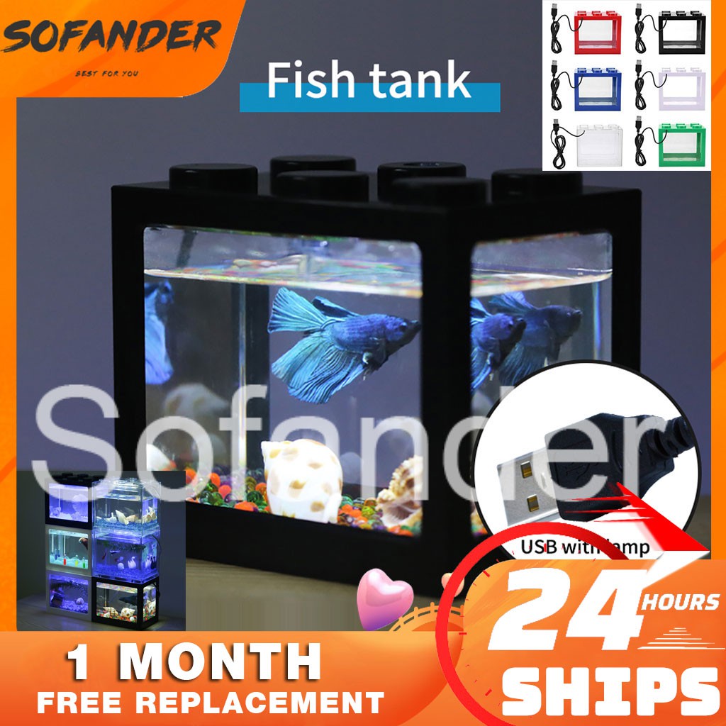 【COD Ready stock】Betta fish Mini Aquarium Fighting Cylinder Rumble USB + LED Building block fish ...