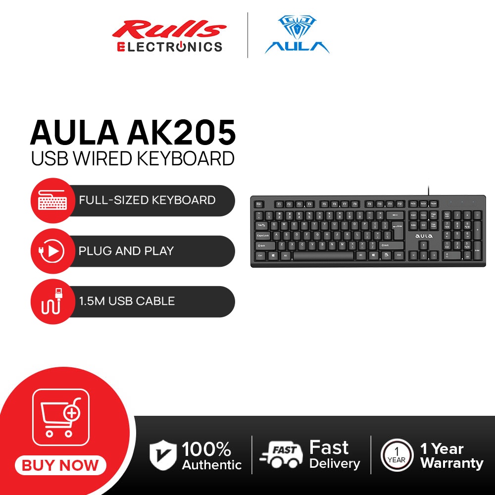 AULA AK205 Wired Keyboard | Full-Sized | 10 million Keylife | 1.5m USB ...
