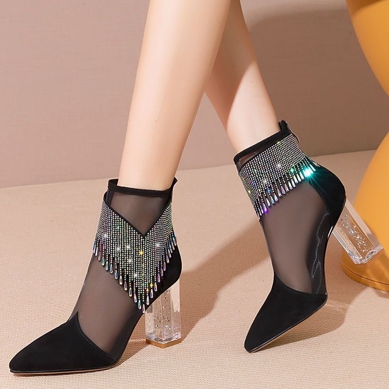 2022 Spring New Style Thick Heel Rhinestone Mesh Boots Hollow Crystal ...