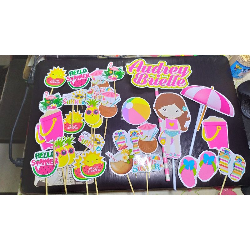 customized beach girl tropical pink themed cake toppers - UniTop