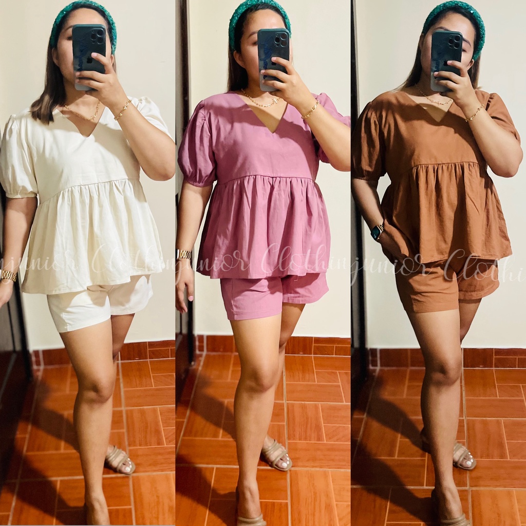 ASHLEY V-NECK PUFF TERNO SHORT | LINEN COORDINATES | FREESIZE FIT ...