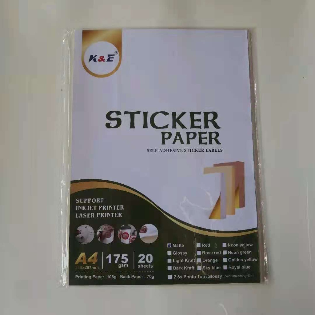 K&E Printable Matte Label Sticker Paper A4 175GSM (20sheets per pack ...